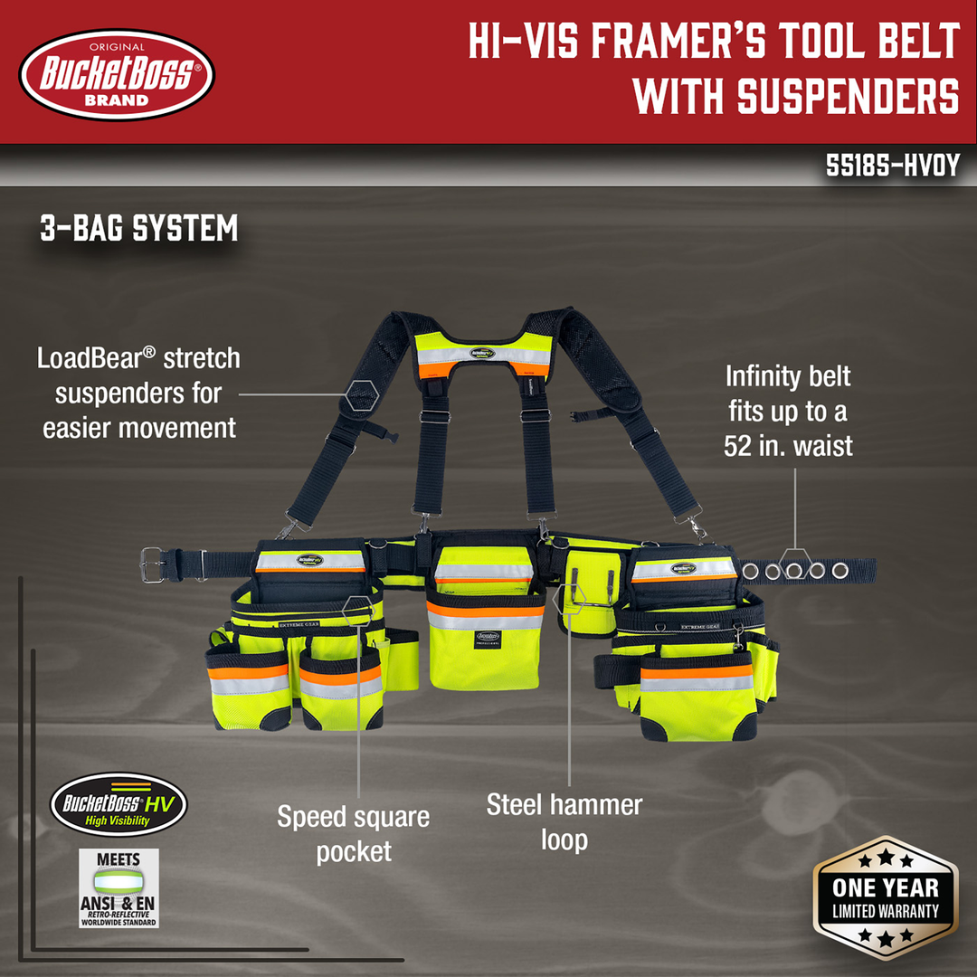 Hi-Vis Framer's Tool Belt with Suspenders – Bucket Boss Hi-Vis Framer's Tool Belt with Suspenders – Bucket Boss